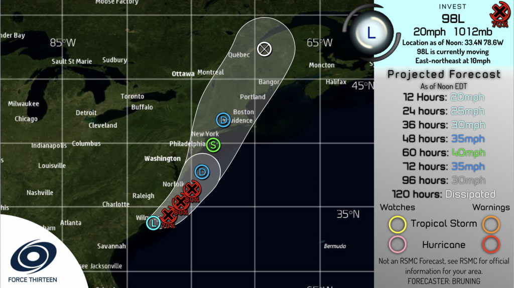 98L moves offshore, expected to develop off US East Coast - Force Thirteen